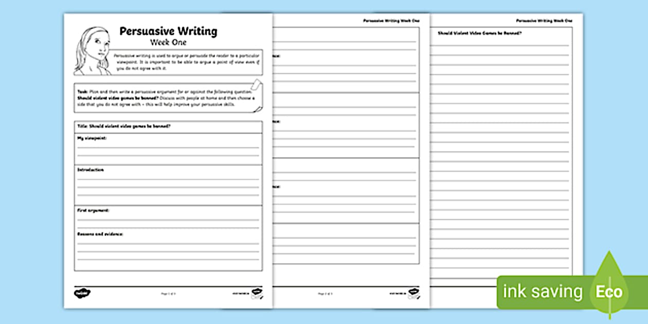 Persuasive Writing Week One Homework - Worksheet