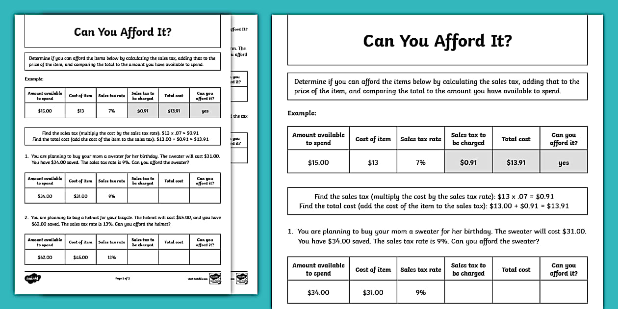 Sales Tax Worksheet PDF | Math Resource | Twinkl USA