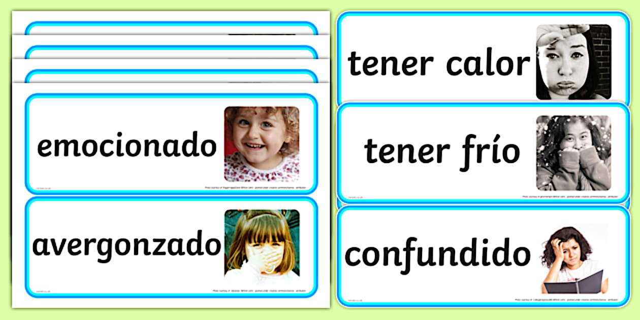 Large Detailed Emotions and Feelings Photo Word Cards Spanish-Spanish