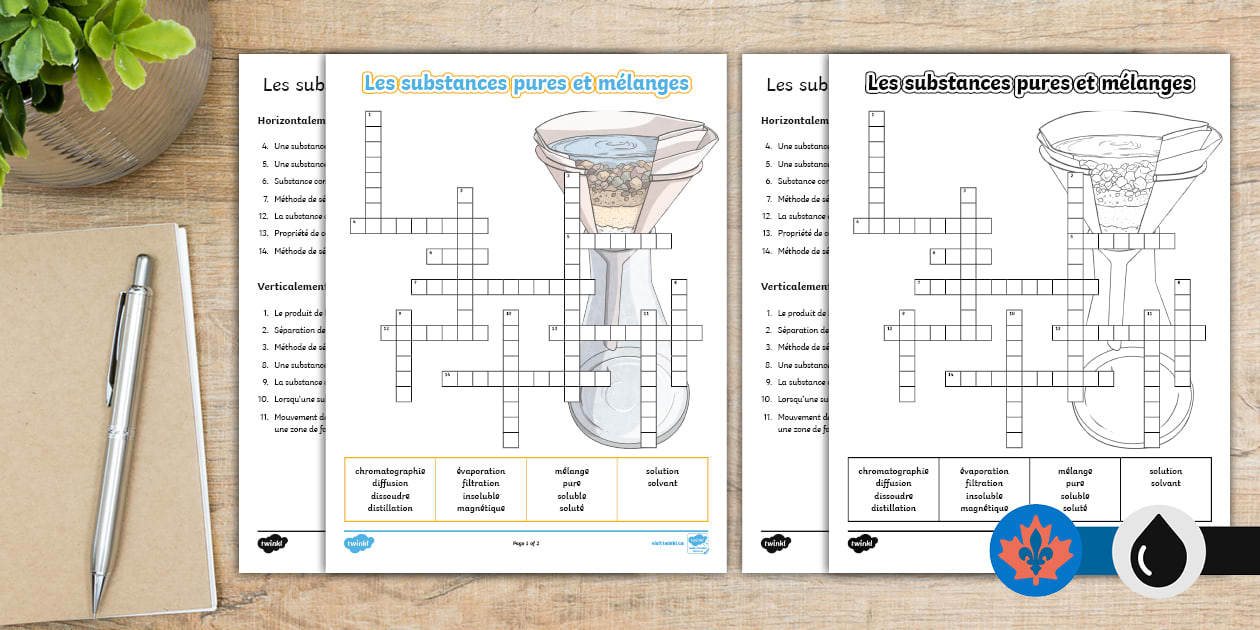 Pure Substances and Mixtures Crossword French (teacher made)