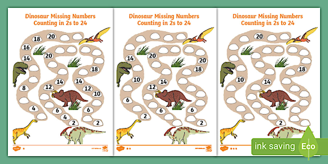 Dinosaur Themed Missing Numbers Counting in 2s to 24 Activity Sheets