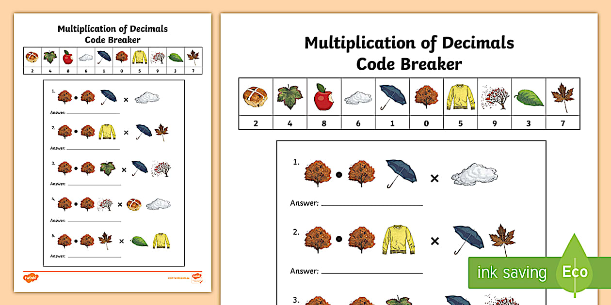 Autumn-Themed Multiplication of Decimals Code Breaker Activity