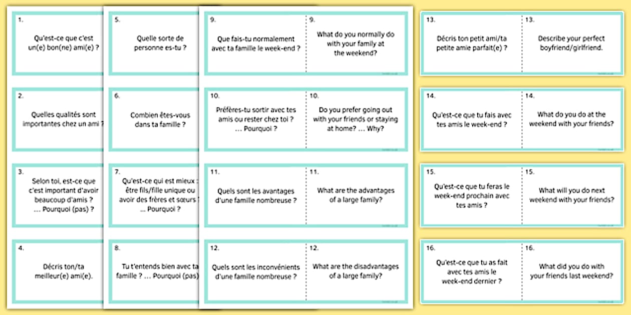 Editable Me, My Family and Friends Question Cards French