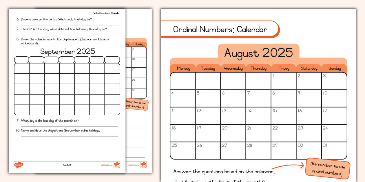 Grade 3: Maths: Ordinal Numbers: Calendar Activity Sheet
