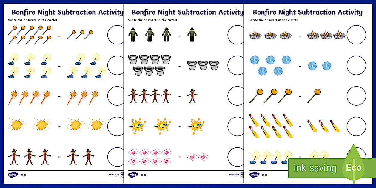 Bonfire Night Fireworks Subtraction Worksheet - Twinkl