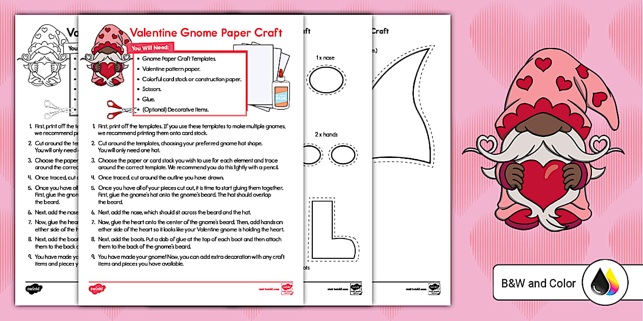 Valentine Gnome Paper Craft for K-2nd Grade (Teacher-Made)