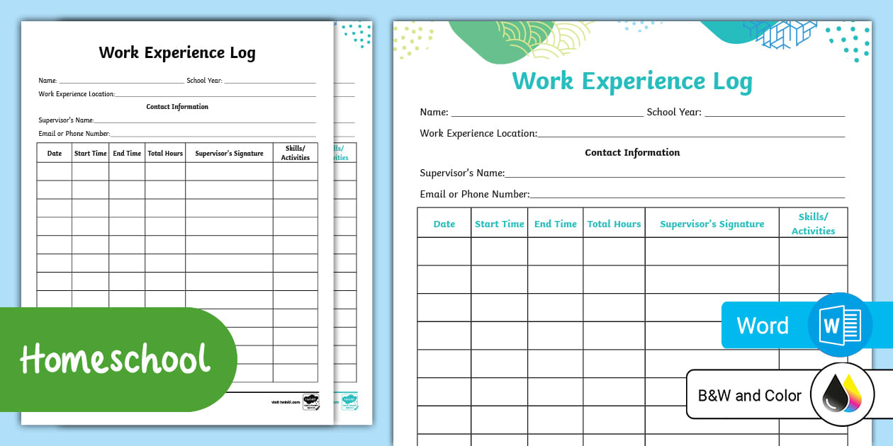 Editable Work Experience Log (Lehrer gemacht) - Twinkl