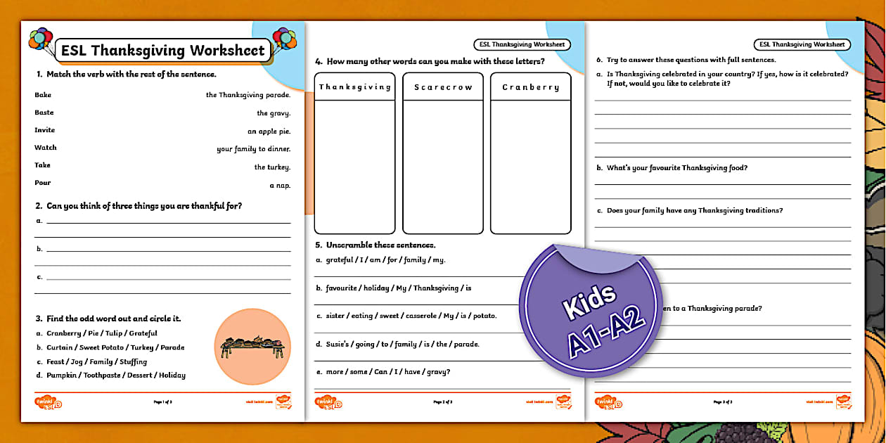 ESL Thanksgiving Worksheet (teacher made) - Twinkl