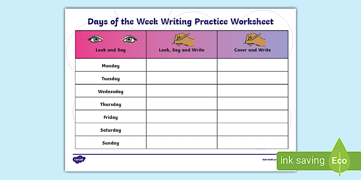 Cursive Days of the Week Writing Practice Worksheet - Twinkl