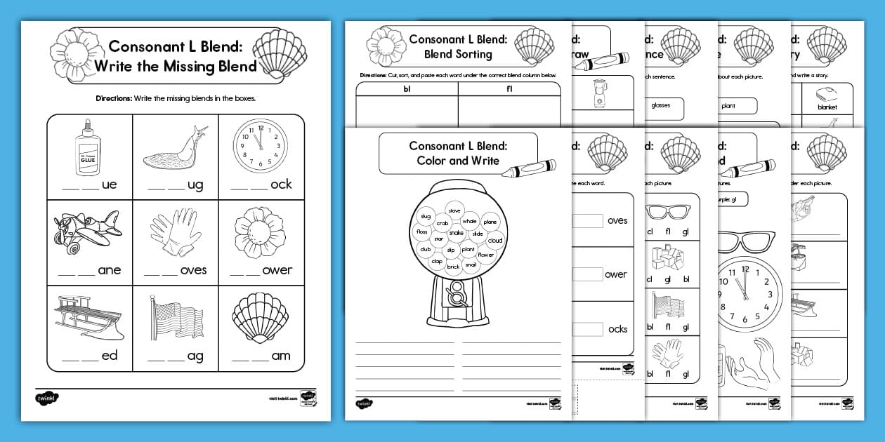 Beginning Consonant L Blend Worksheets for K-1st Grade