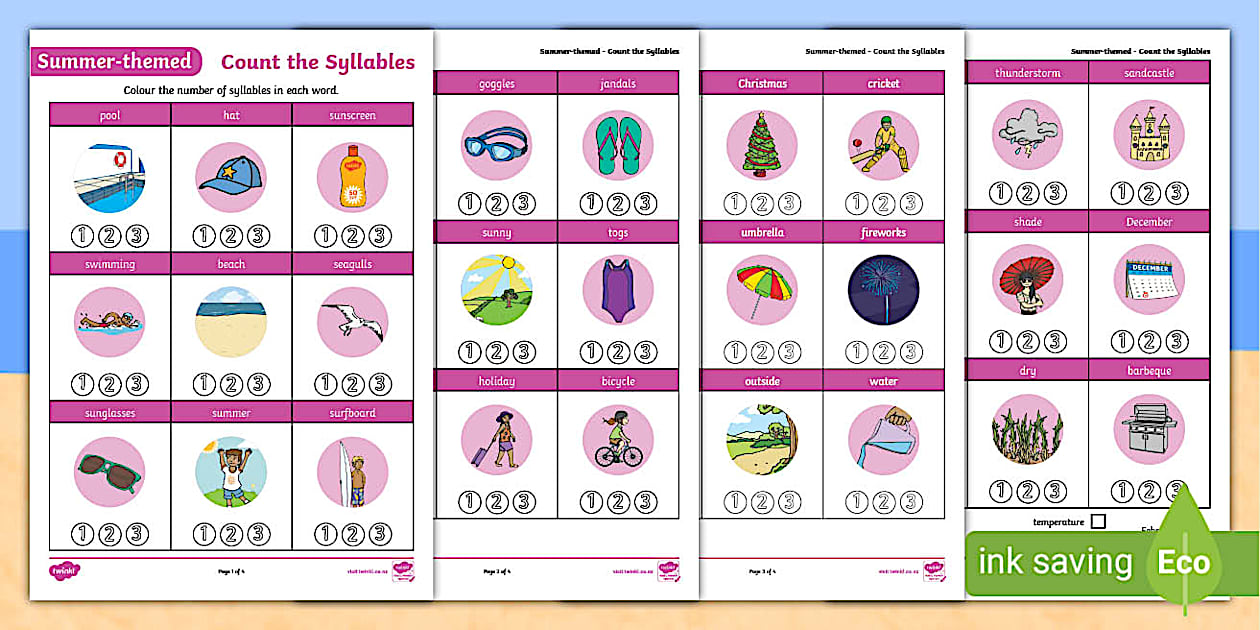 Count The Syllables Summer-Themed Activity Sheet - Twinkl