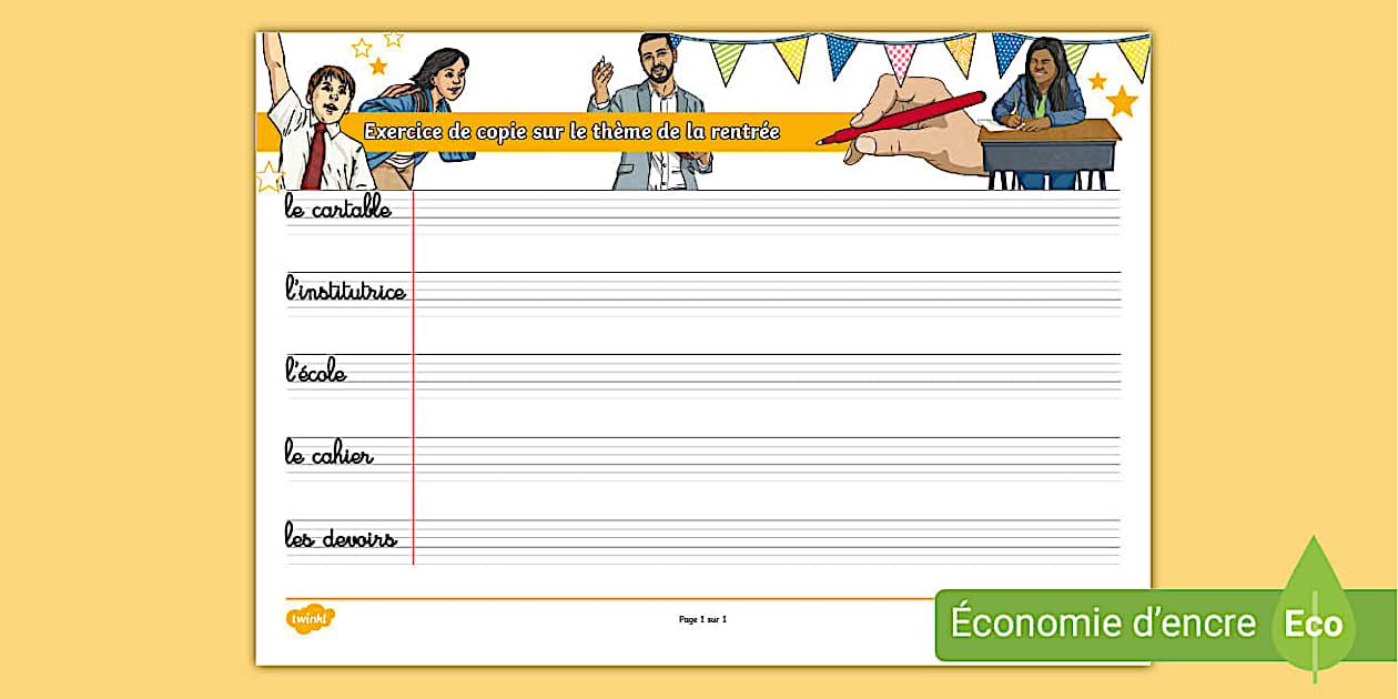 Exercice d'écriture cursive sur le thème de la rentrée