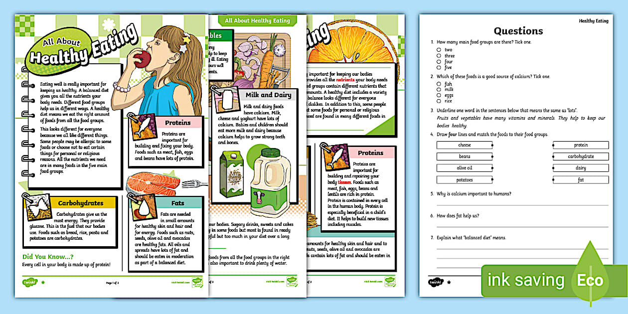 LKS2 All About Healthy Eating Reading Comprehension - Twinkl