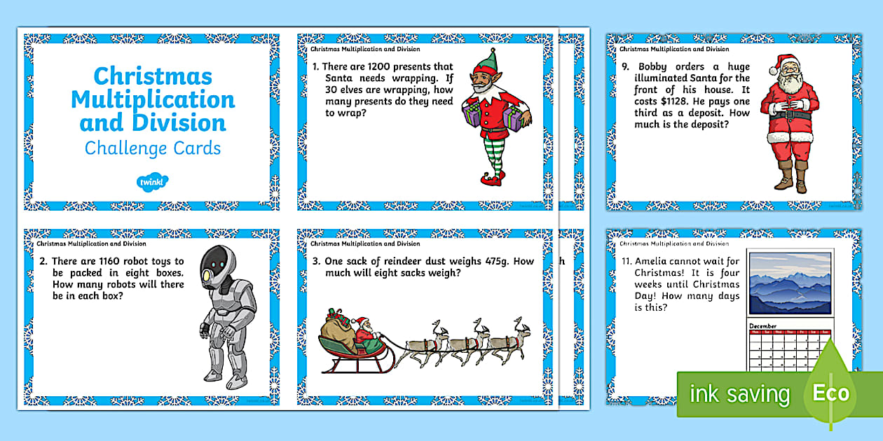 Editable Christmas Multiplication and Division Challenge Cards
