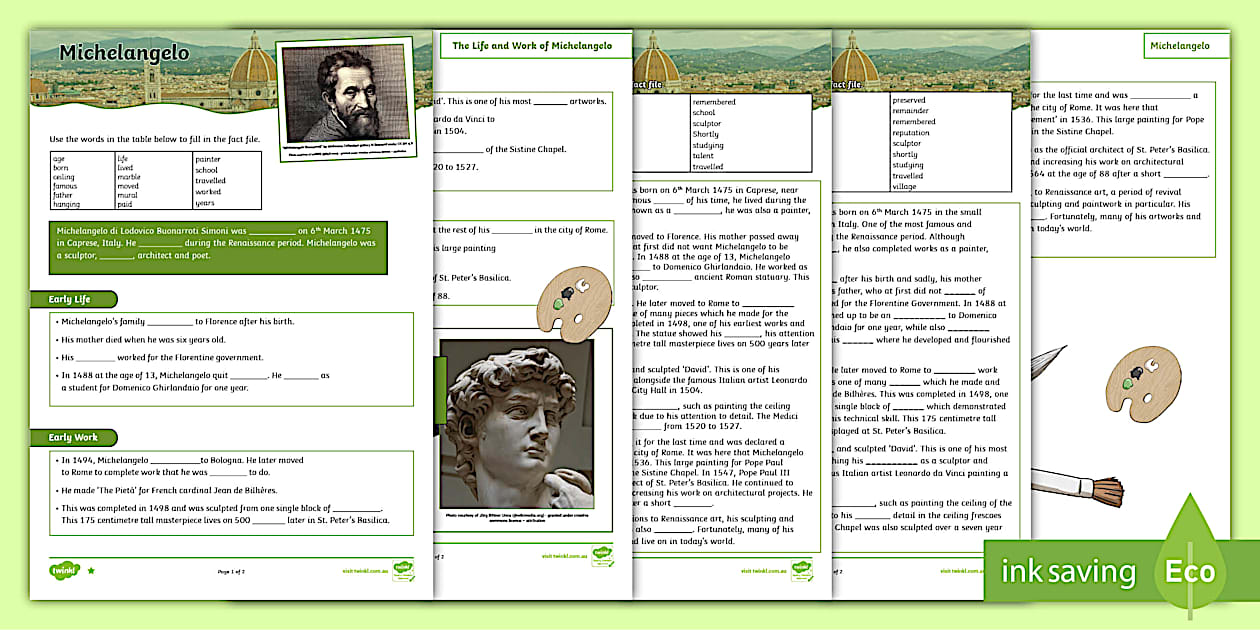 Michelangelo Differentiated Cloze Sheets | HASS | Twinkl