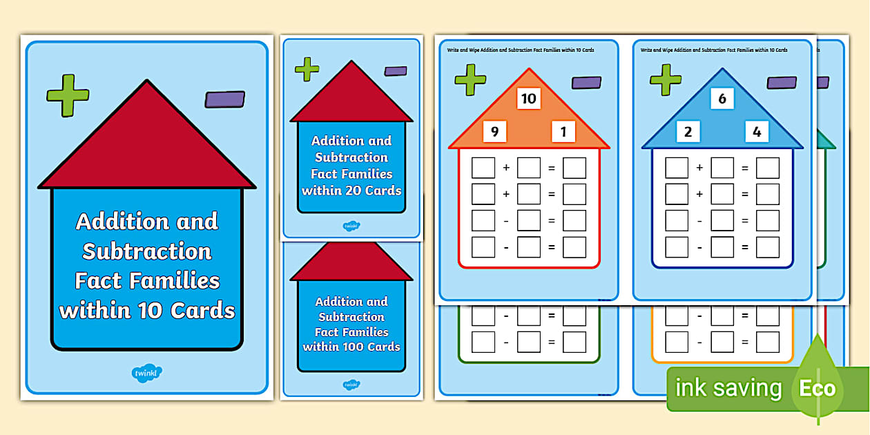 Editable Addition and Subtraction Fact Families within 10, 20 and 100 Cards