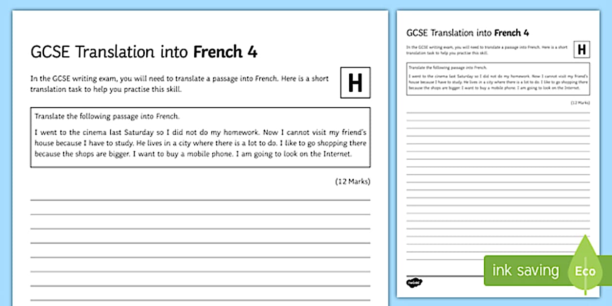 GCSE French Translation into French 4 Higher Tier Worksheet / Worksheet ...