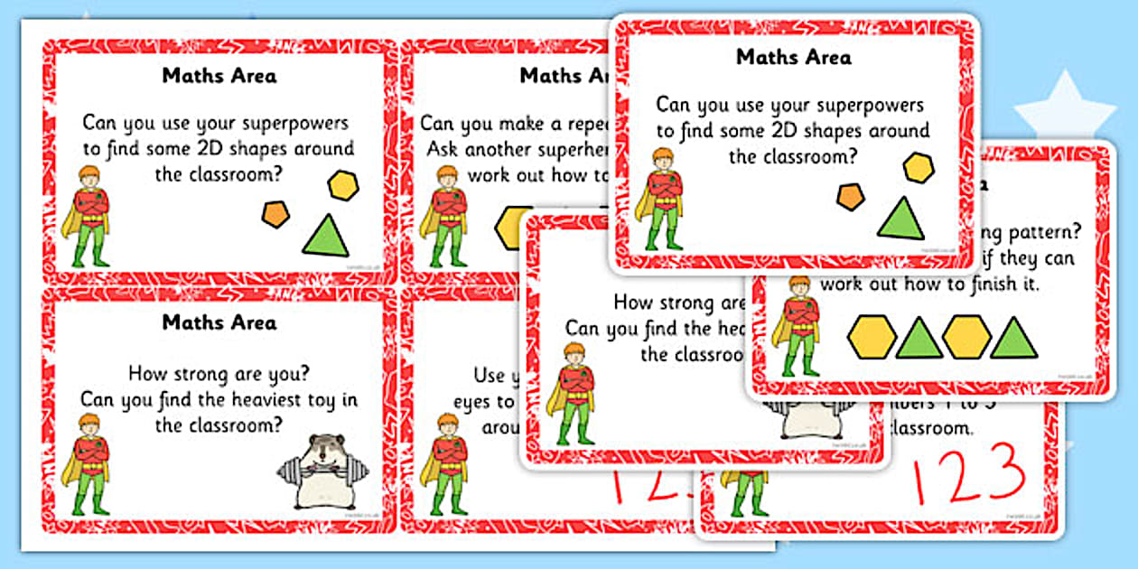 EYFS Superhero Themed Maths Area Challenge Cards - superhero