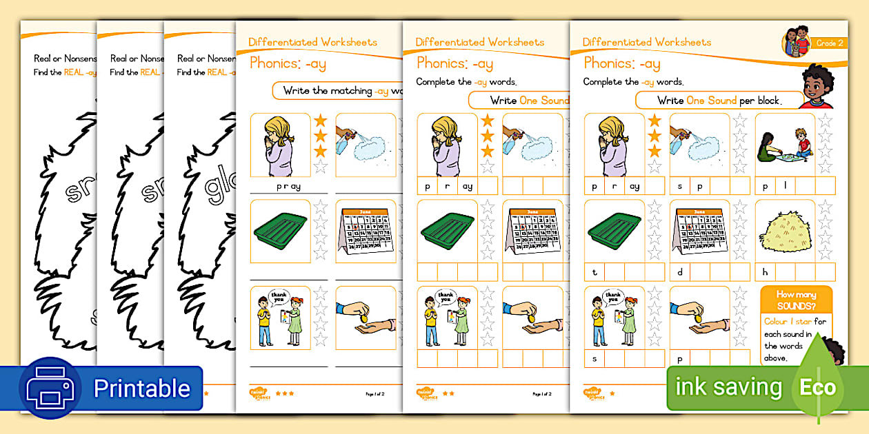 Grade 2 Phonics: ay Differentiated Worksheets (teacher made)