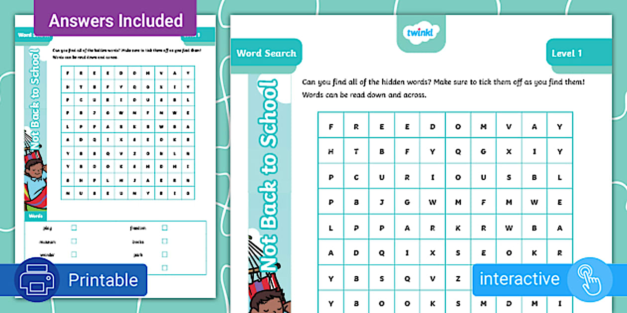 Not Back to School Word Search - L1 - Twinkl - Kids Puzzles