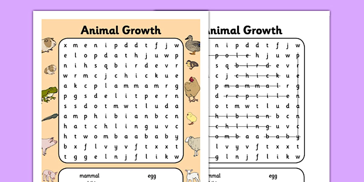 Black and White Animal Growth Word Search (teacher made)