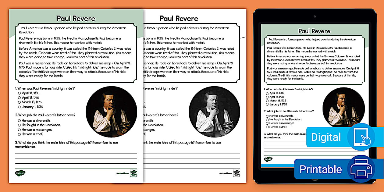 Second Grade Paul Revere Reading Passage Comprehension