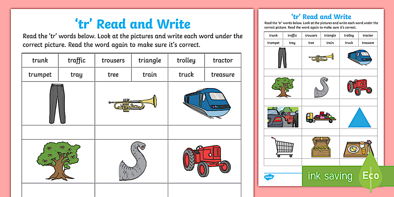Cursive 'tr' Blend Read and Write Worksheet - Twinkl
