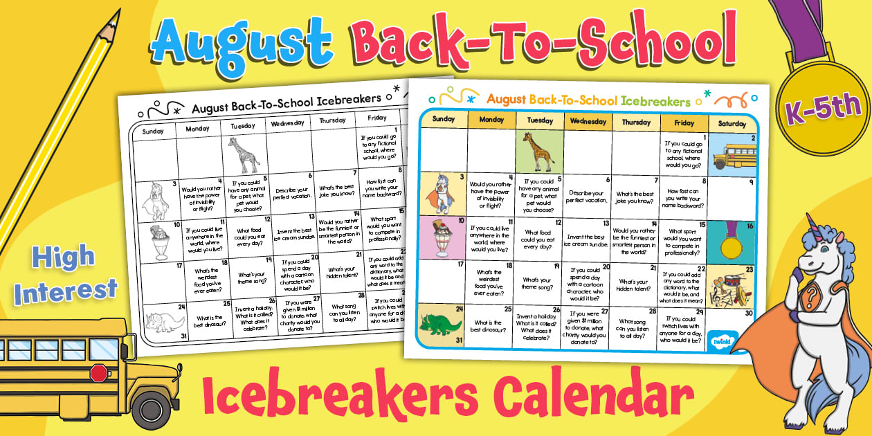 August 2025 Back-to-School Icebreakers Calendar