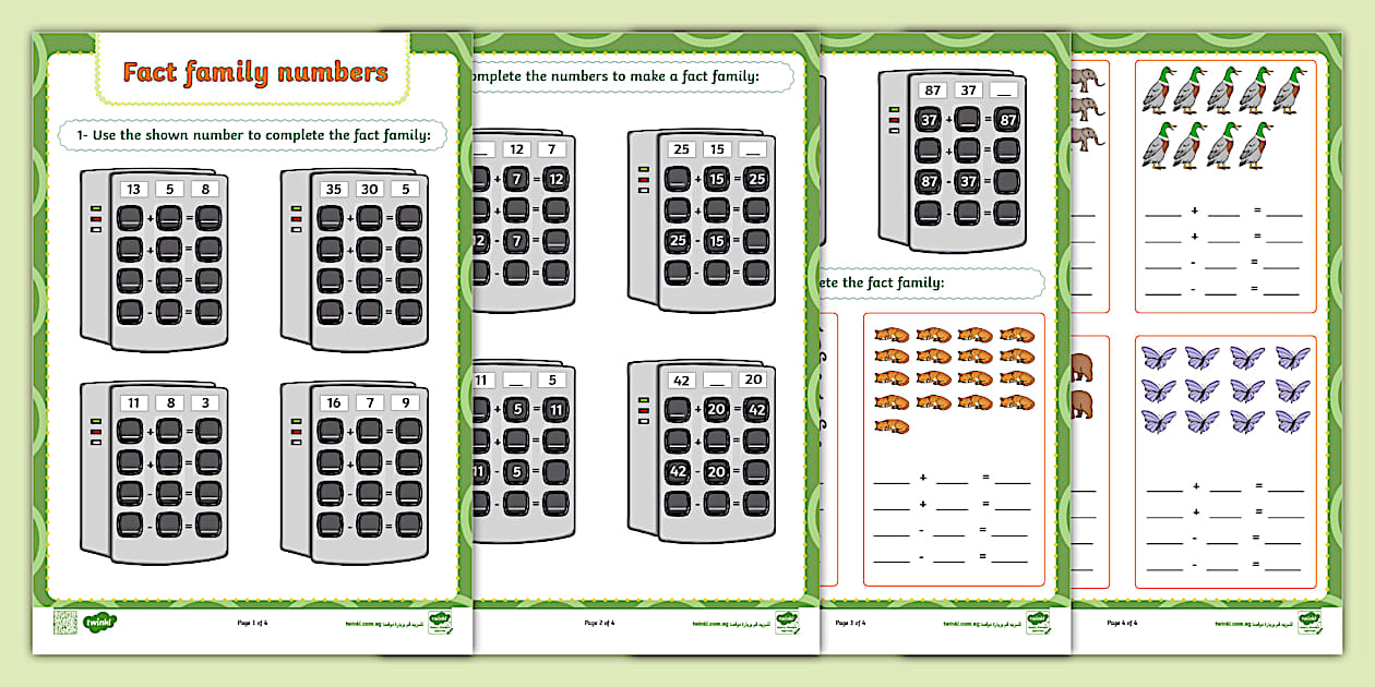Fact family numbers worksheet (teacher made) - Twinkl
