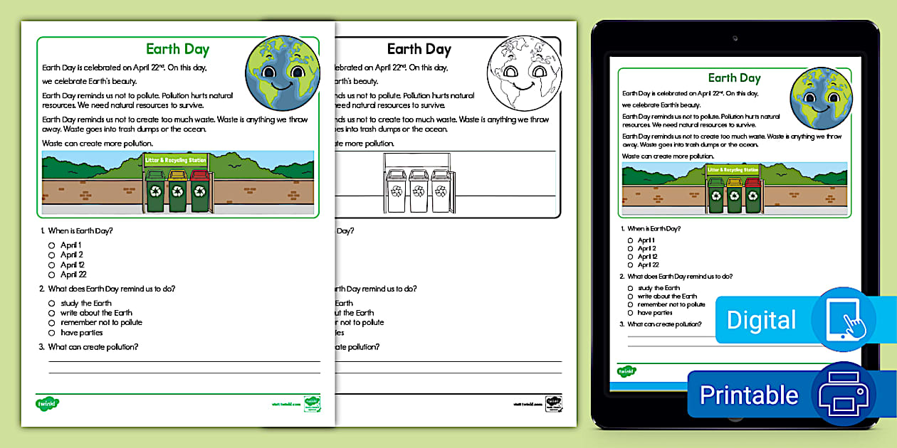 First Grade Earth Day Reading Passage Comprehension Worksheet