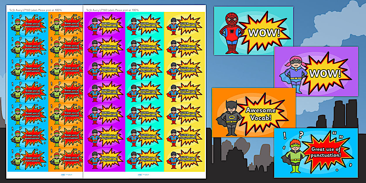 Editable VCOP Superhero Stickers (teacher made) - Twinkl