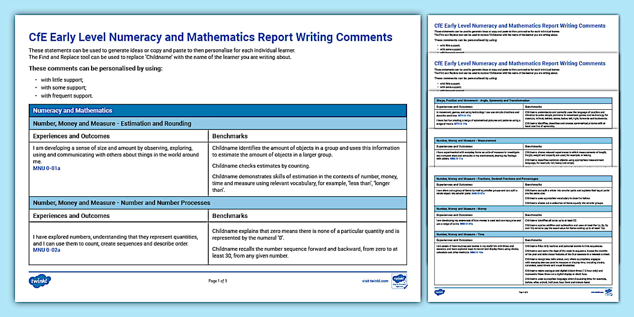 Early Level Numeracy and Mathematics Report Writing Comments