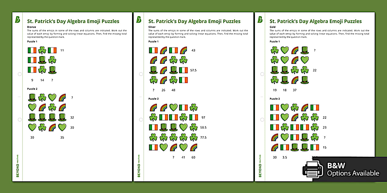 👉 😊 St. Patrick's Day Algebra Emoji Puzzles - Twinkl
