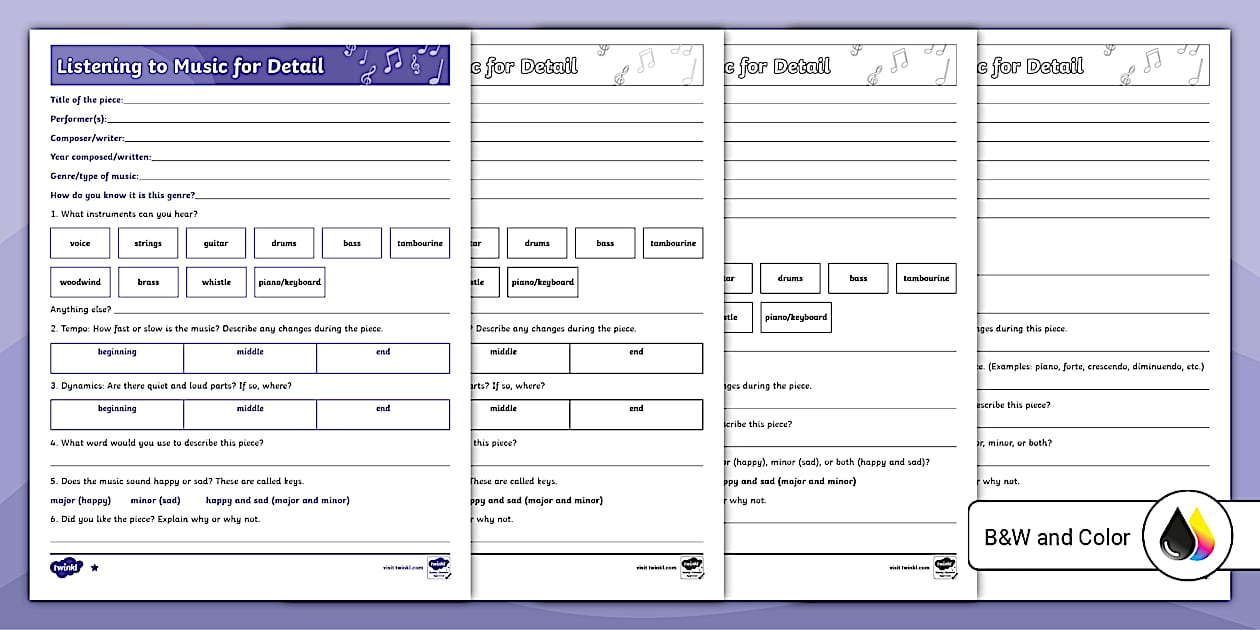 Editable Listening to Music for Detail – Differentiated Worksheet