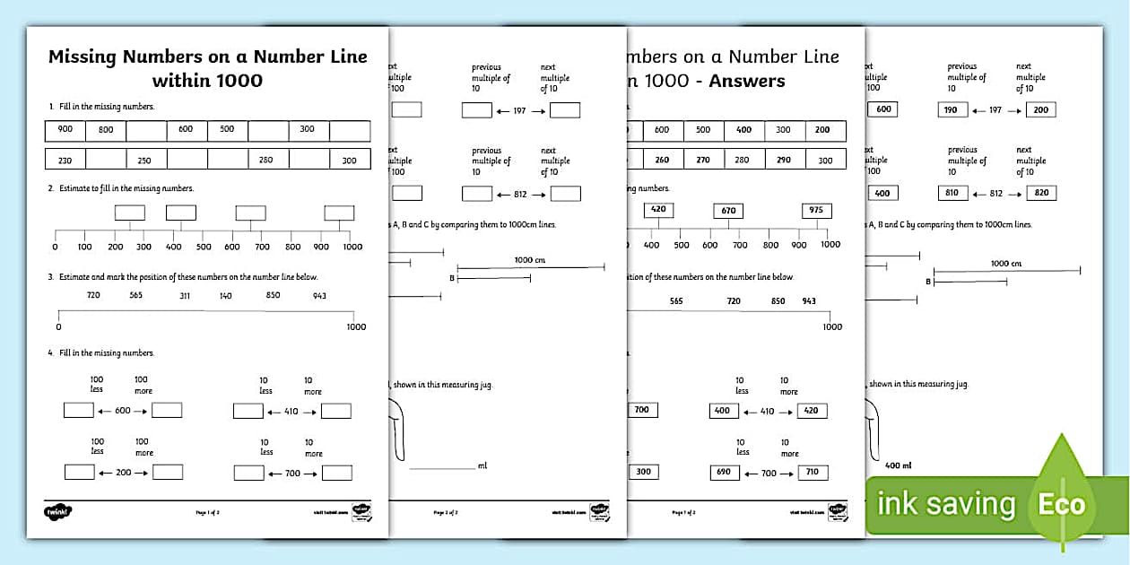 👉 Missing Numbers on a Number Line within 1000 Activity Sheet