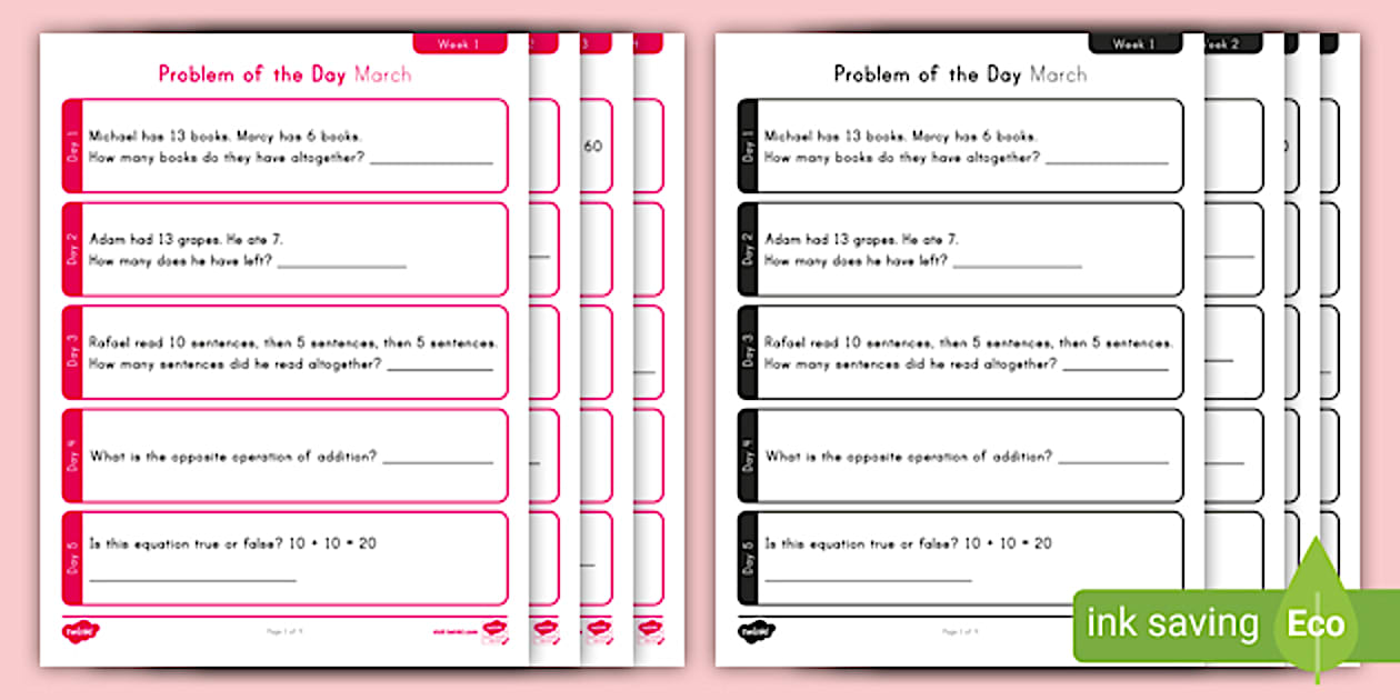 First Grade Math Problem of the Day - March Activities