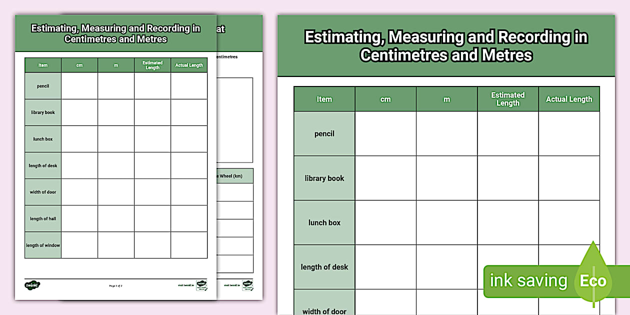 Estimate, Measure and Record in Centimetres and Metres Activity Sheet