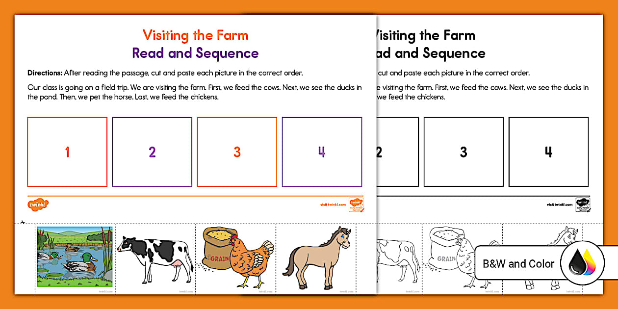 Kindergarten Visiting the Farm Read and Sequence Cut and Paste Worksheet