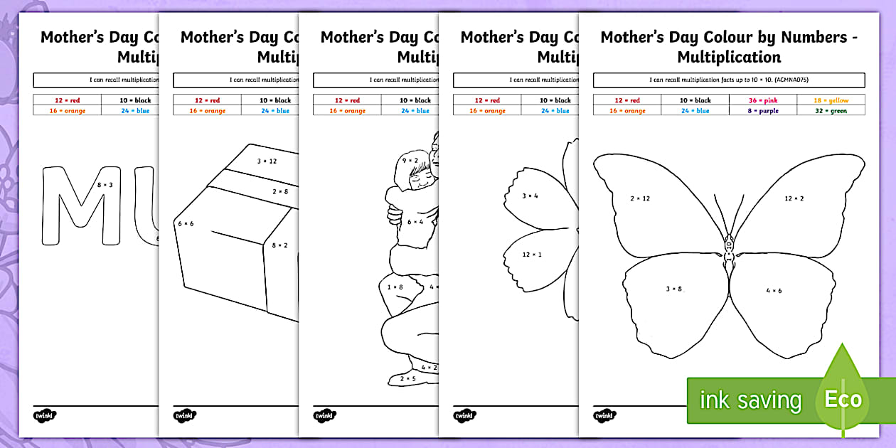 Year 4 Mother's Day Multiplication Colour by Number - Twinkl