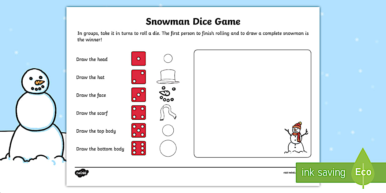 Snowman Dice Game Worksheet | Christmas | Maths - Twinkl