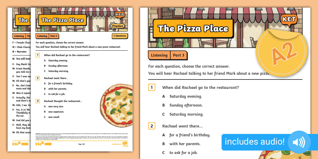 A2 Key (KET) Listening Part 3 -The Pizza Place - Twinkl