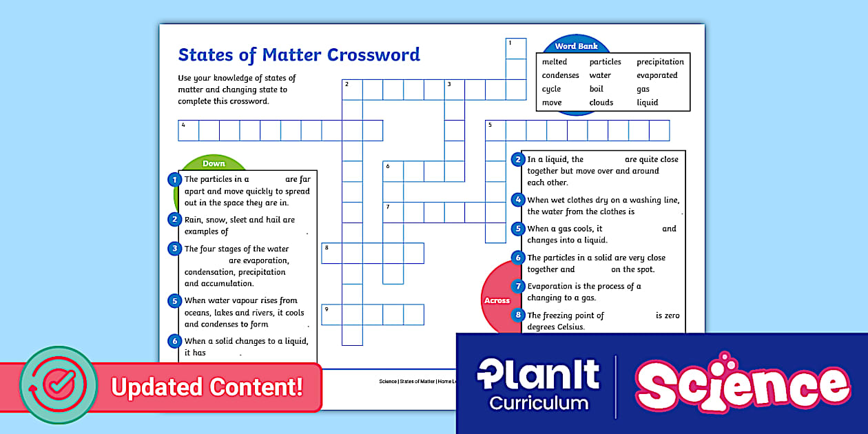 Y4 States of Matter: Interactive PDF: Crossword - Twinkl