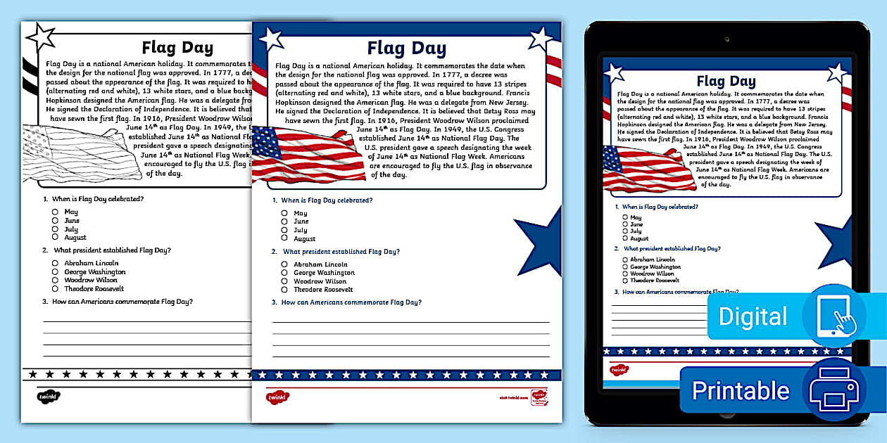 Fourth Grade Flag Day Reading Passage Comprehension Worksheet