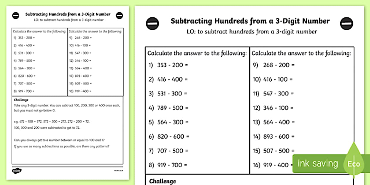 Editable Subtracting Hundreds from 3-Digit Number Worksheet Year 3
