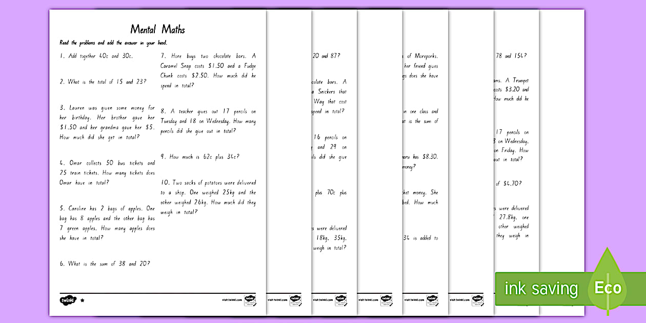 Mental Maths Adding Differentiated Worksheet / Worksheets