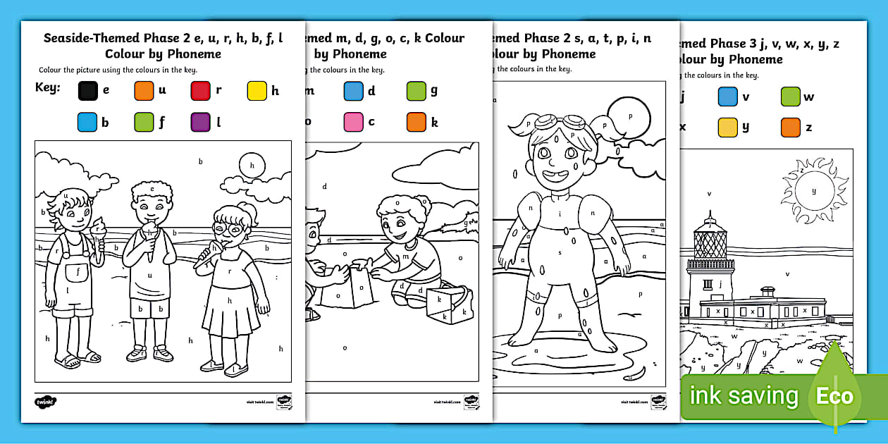 Seaside-Themed Colour by Phoneme Activity Sheets - Twinkl