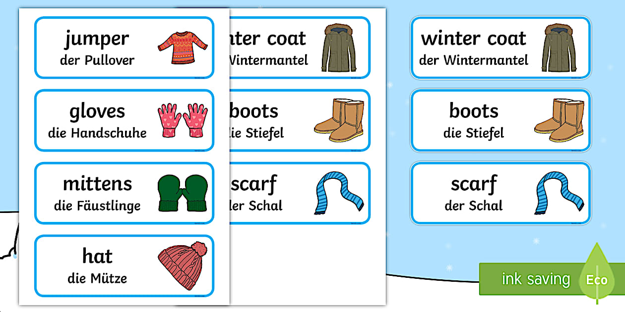 Winter Clothes Word Cards English/German (teacher made)