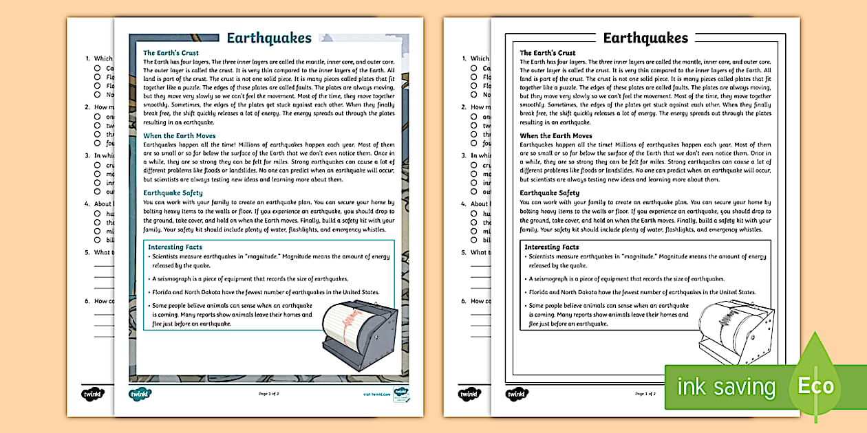 Third Grade Earthquakes Reading Worksheet | Twinkl USA