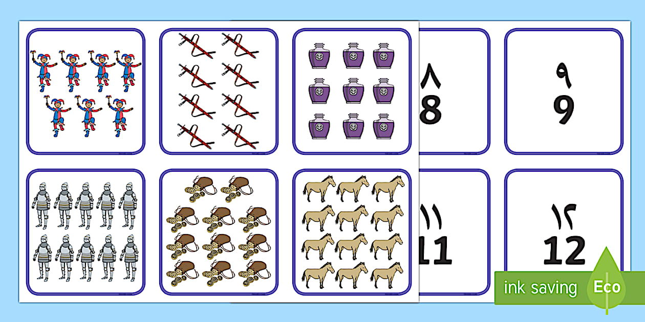 Knights and Castles Themed 1 20 Number and Quantity Matching Cards