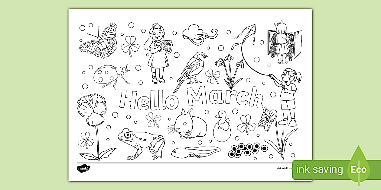 Hello March Colouring Page - KS1 (Teacher-Made) - Twinkl